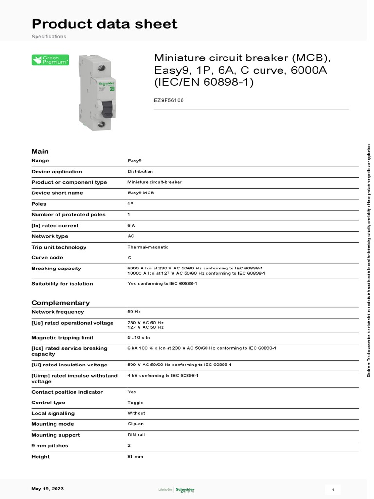 Easy9 1P 6A MCB Specifications | PDF | Alternating Current ...