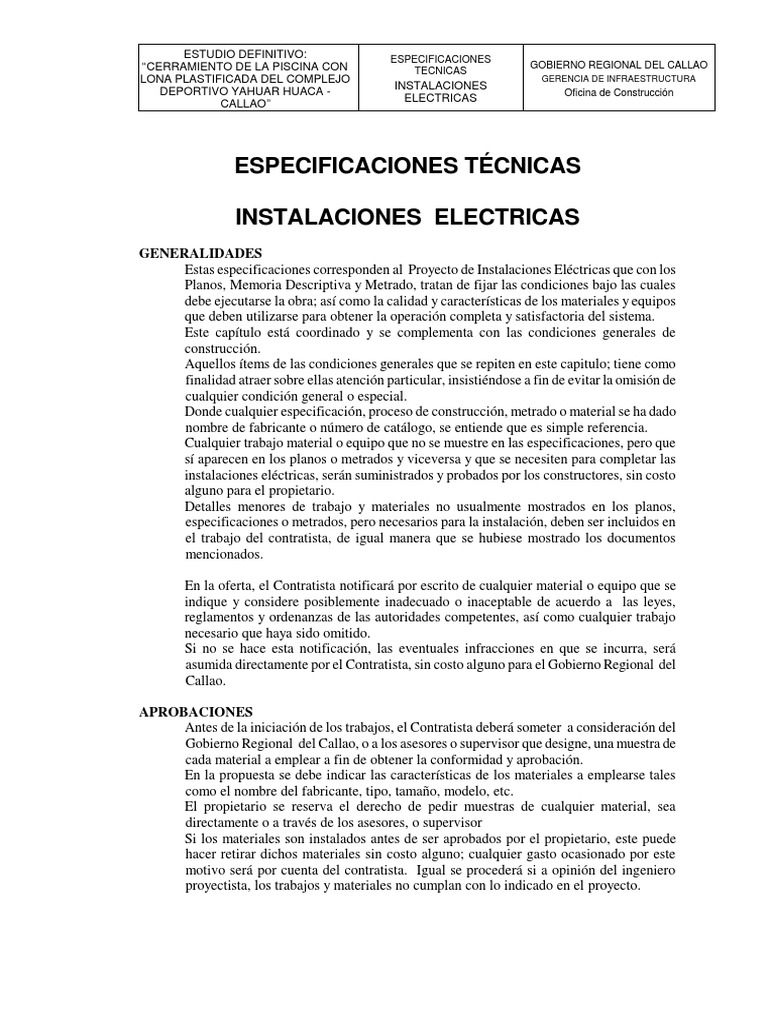 Especificaciones Tecnicas de Instalaciones Electricas de Piscina | PDF | Conductor electrico | Cobre