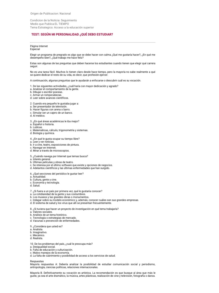 CVN - Test - Según Mi Personalidad ¿Qué Debo Estudiar | PDF