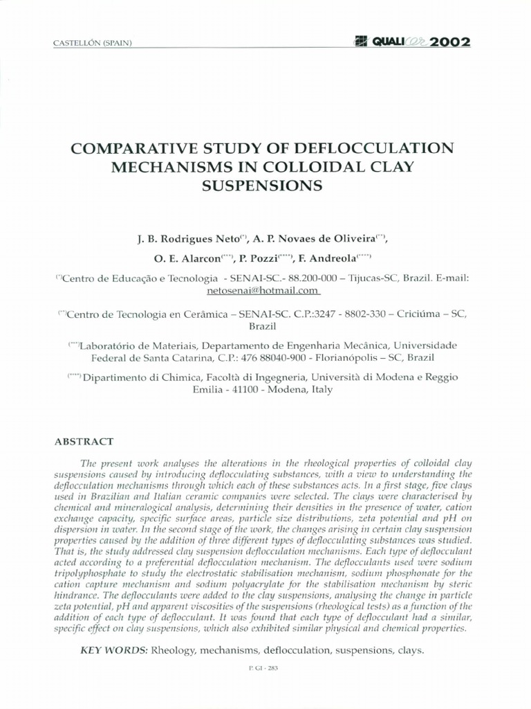 Comparative Study of Deflocculation Mechanisms in Colloidal Clay ...