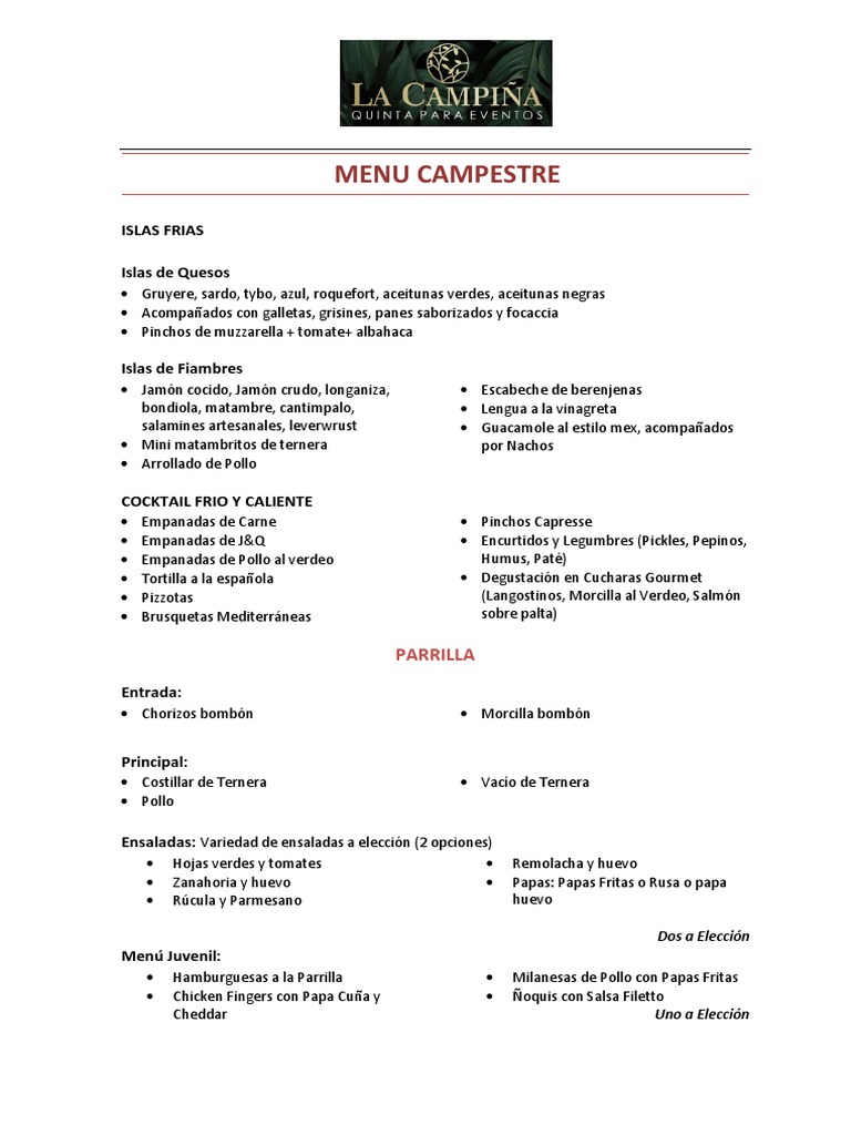 Quinta La Campiña Menu Campestre | PDF | Postres | Caramelo