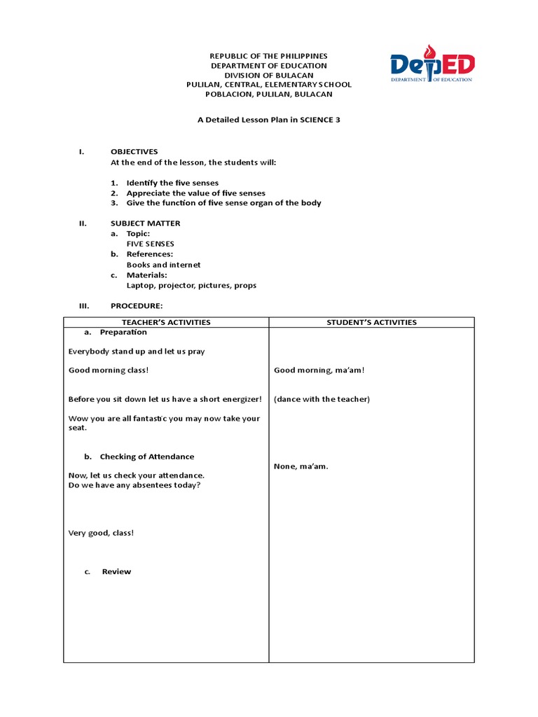 Science Lesson Plan: Five Senses for Grade 3 | PDF | Senses | Ear