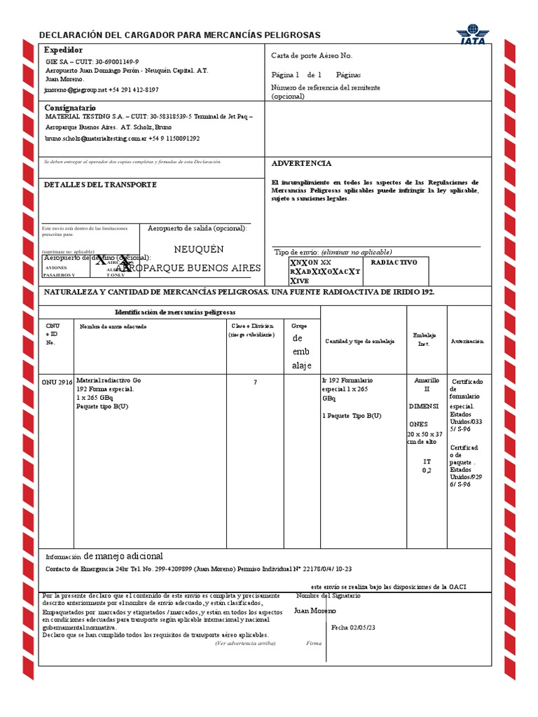 Declaración de Cargador de Mercancías Peligrosas | PDF | Aeropuerto ...