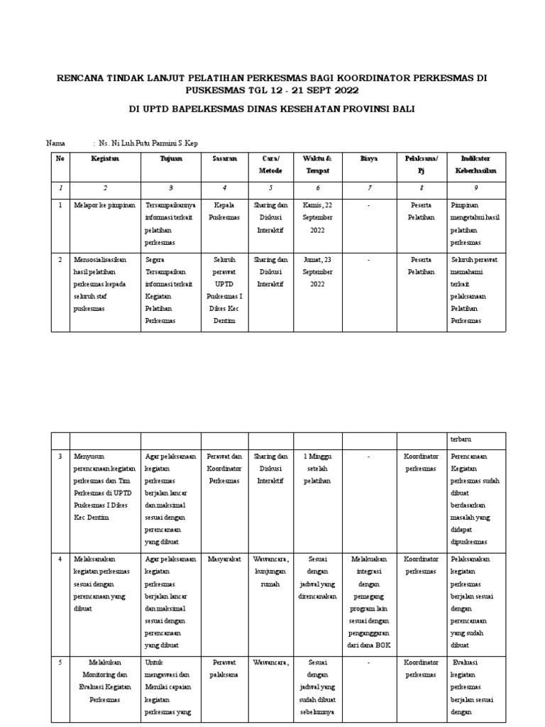 Rencana Tindak Lanjut Pelatihan Perkesmas | PDF