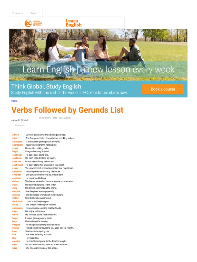Verbs Followed by Gerunds List - Learn English | PDF