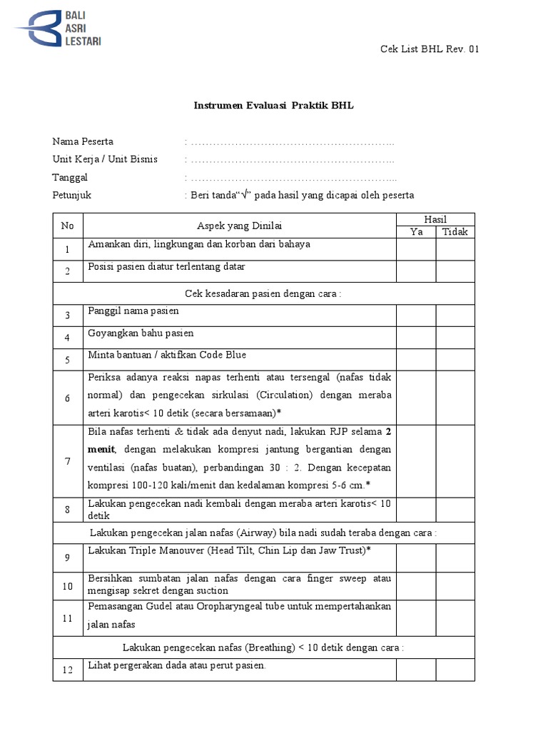 Intrumen Evaluasi Praktik BHL | PDF
