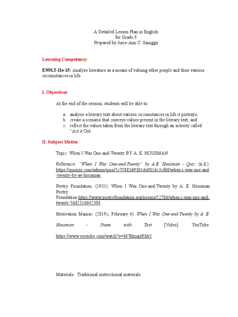 Saingga Lesson Plan | PDF | Pearl | Lesson Plan