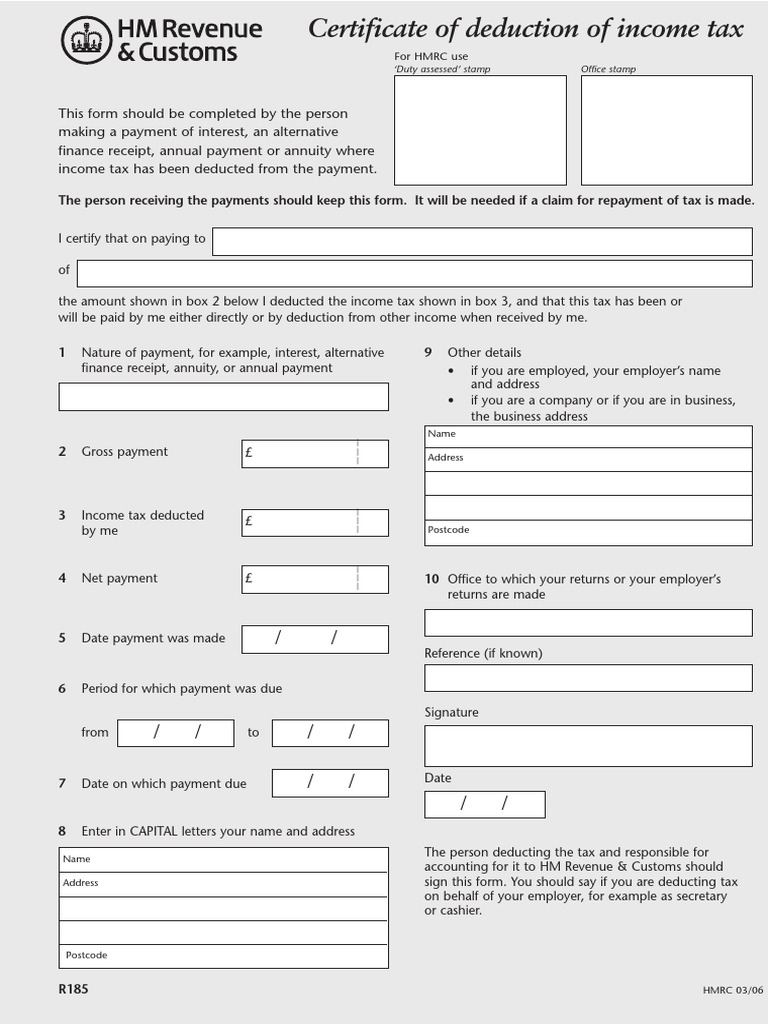 R185 Tax Deduction Certificate Form | PDF | Taxes | Income Tax