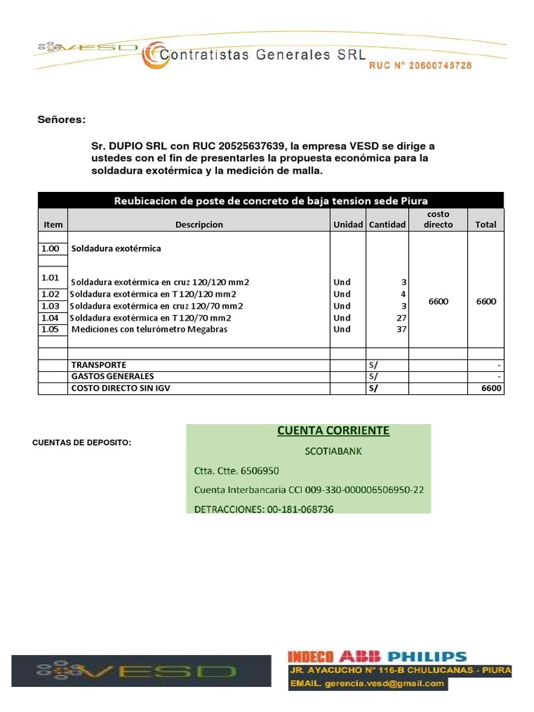 Presupuesto Empresa VESD - Soldadura Exotermica | PDF