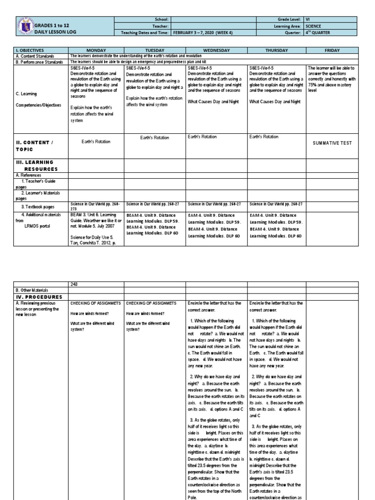 Science 6 - Q4 - W4 DLL | PDF | Differentiated Instruction | Wound