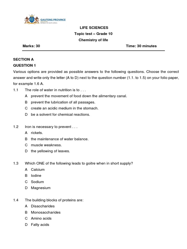 Grade 10 Topic Test Chemistry of Life | PDF | Biochemistry | Chemistry