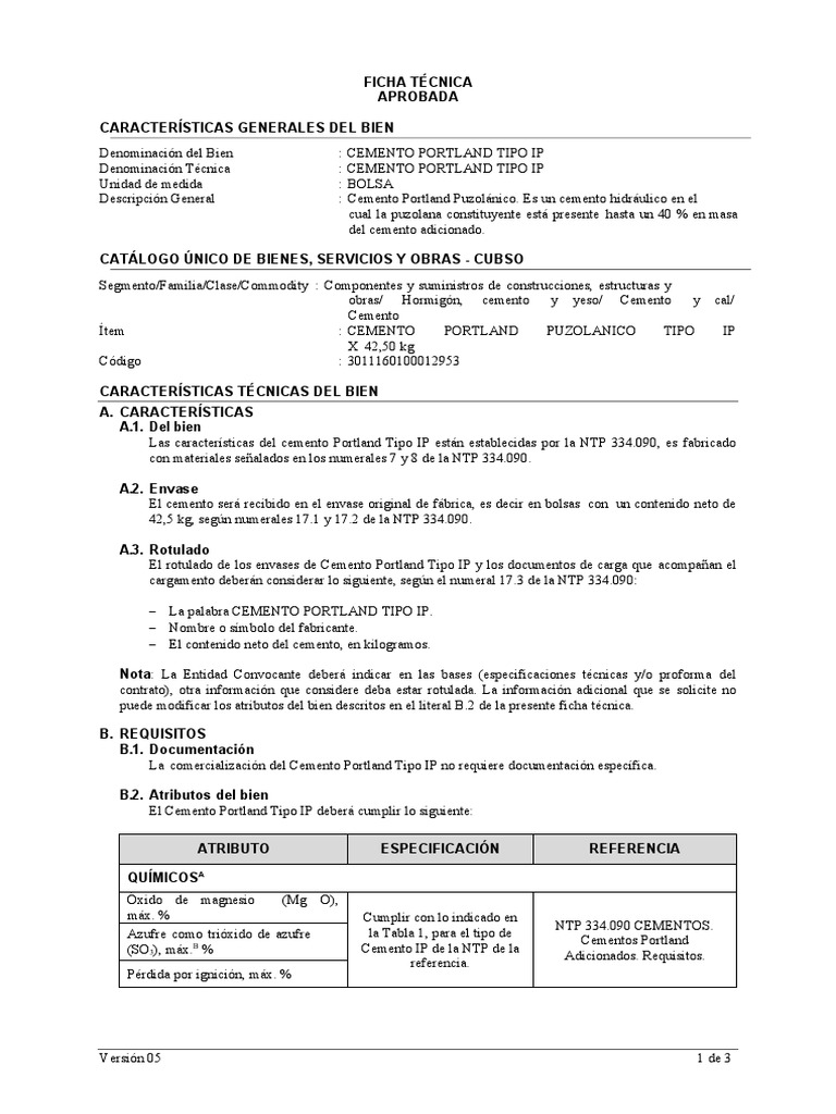 Ficha Tecnica Cemento | PDF | Cemento | Ingeniería de Edificación