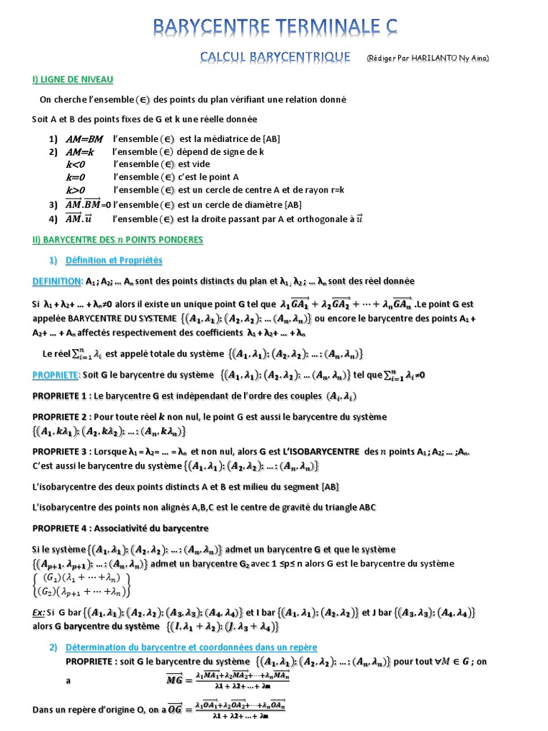 BARYCENTRE TERMINALE C (Rédiger Par HARILANTO Ny Aina) | PDF | Algèbre ...