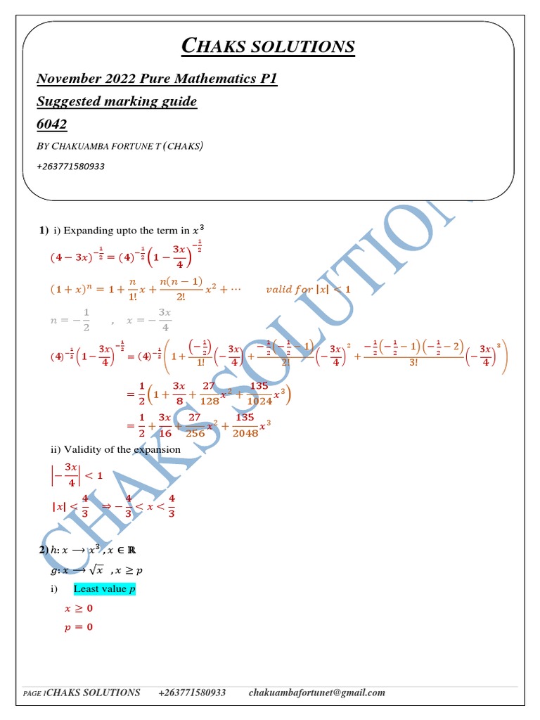 2022 Chaks Pure Maths P1 Marking Guide-1 | PDF