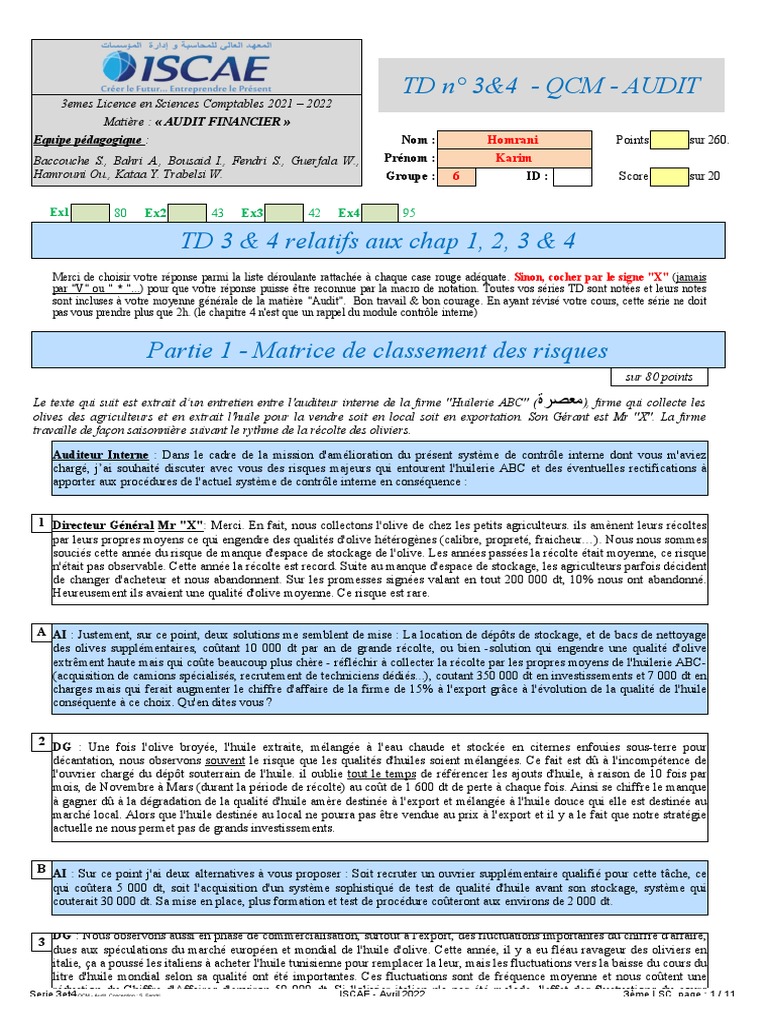 QCM Audit Financier - Risques et Solutions | PDF | Huile d'olive | Facture