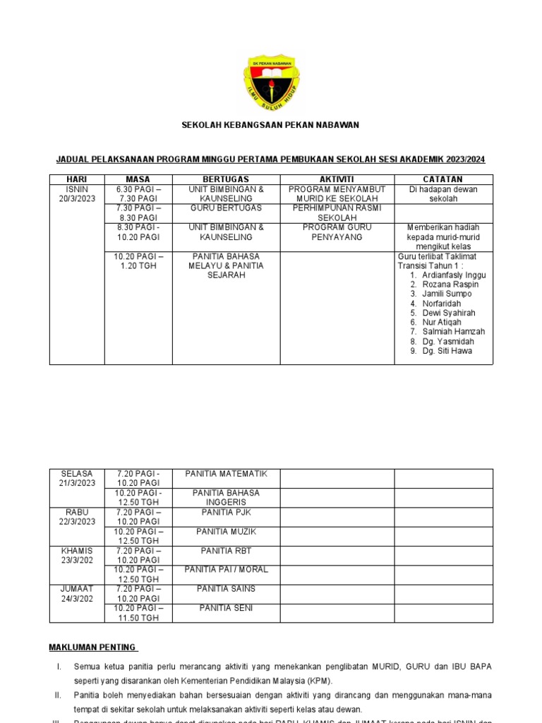 Jadualaktiviti Minggu Pertama Persekolahan | PDF