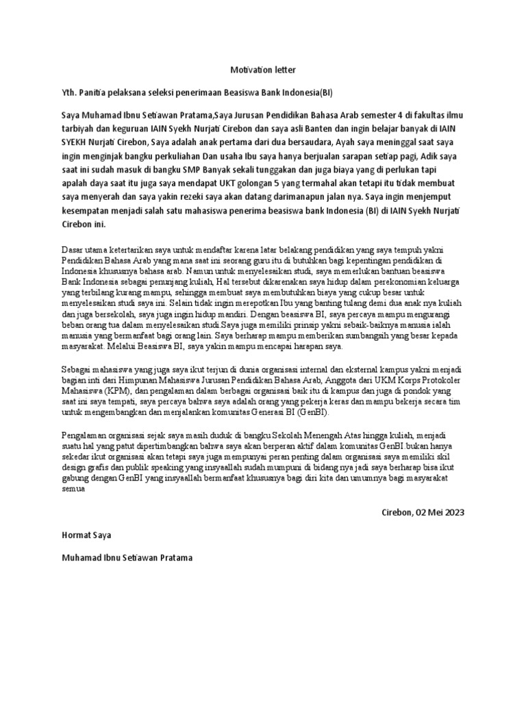 Surat Motivasi Beasiswa Bank Indonesia | PDF