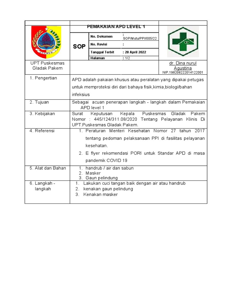 Panduan Pemakaian APD Level 1 | PDF
