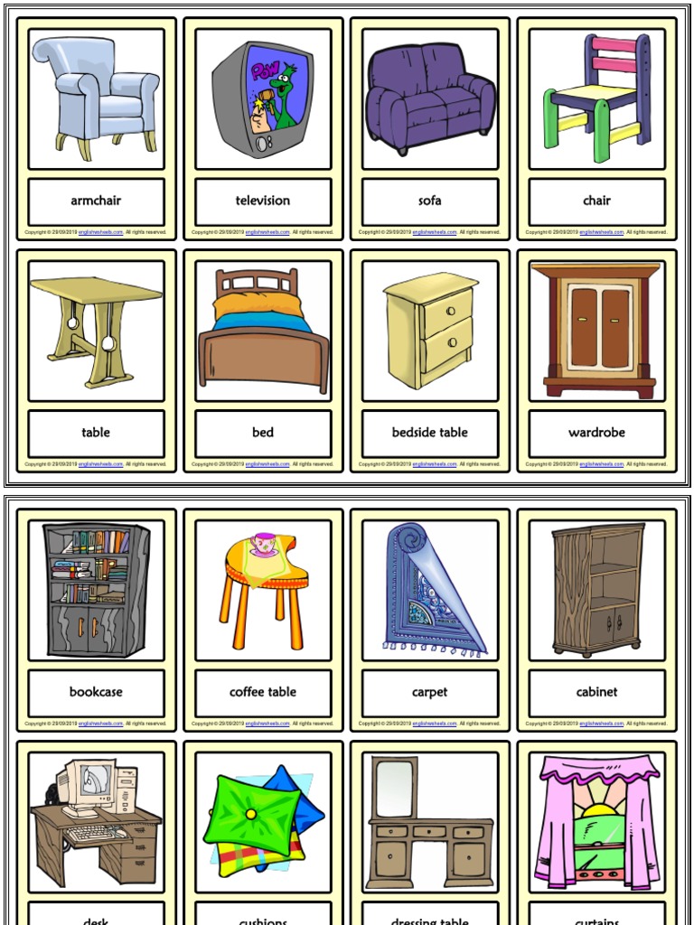 Furniture Vocabulary Esl Printable Learning Cards For Kids | PDF ...