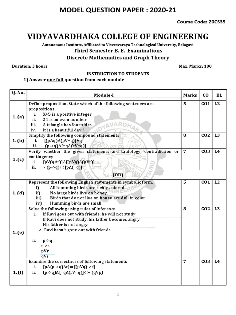 21cs34 (Discrete Mathematics and Graph Theory) | PDF | Combinatorics | Theoretical Computer Science