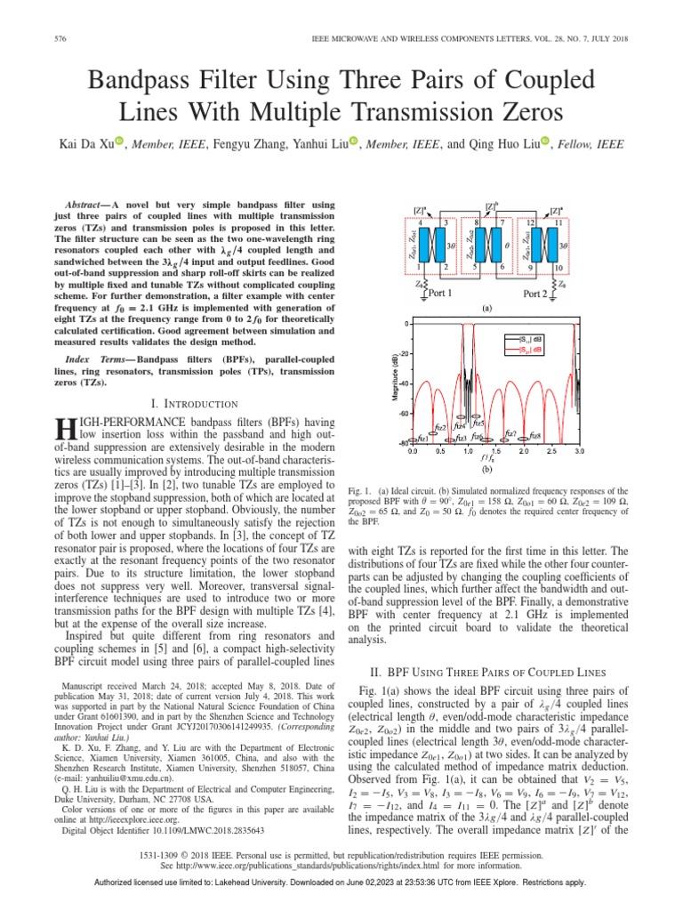 1 Bandpass Filter Using Three Pairs Of Coupled Lines With Multiple Transmission Zeros Pdf
