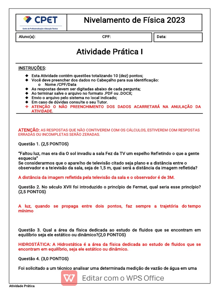 Atividade Prática 1 - Nivelamento de Física | PDF