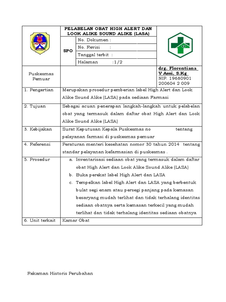 SOP PELABELAN OBAT HIGH ALERT DAN LOOK ALIKE SOUND ALIKE (LASA) | PDF