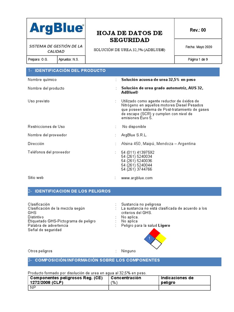 Hoja MSDS Adblue | PDF | Agua | Amoníaco