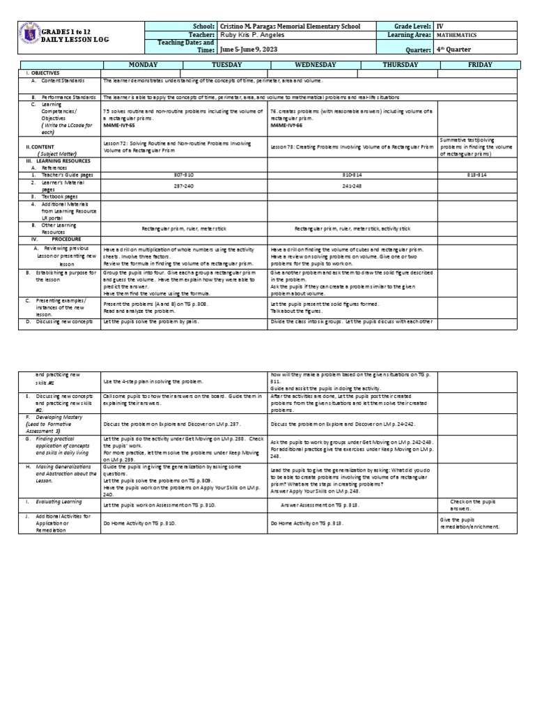 Grade 4 Math Lesson on Volume | PDF | Learning | Cognition