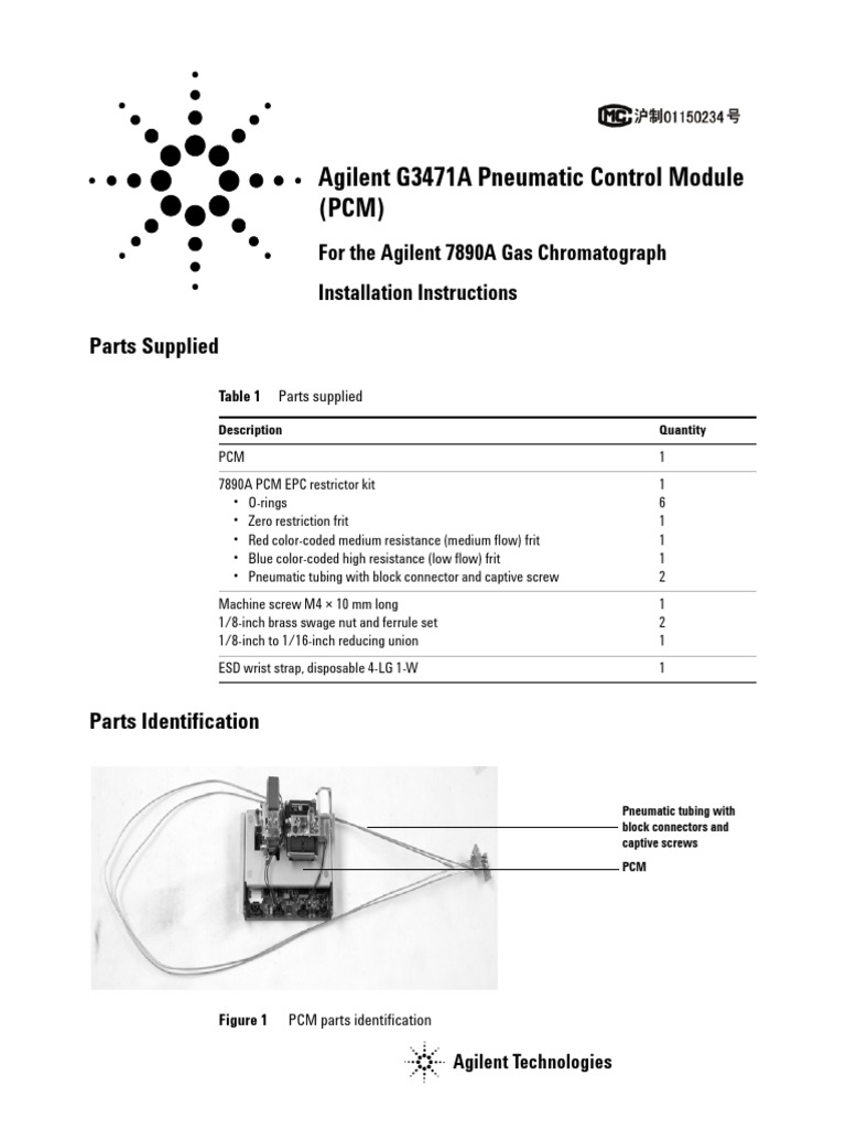 Agilent G3471A Pneumatic Control Module (PCM) : Parts Supplied | PDF ...