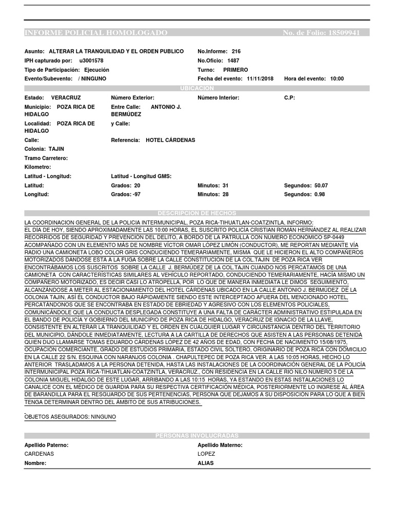 Reporte IPH Informe Policial Homologado No. de Folio: 18509941 | PDF ...
