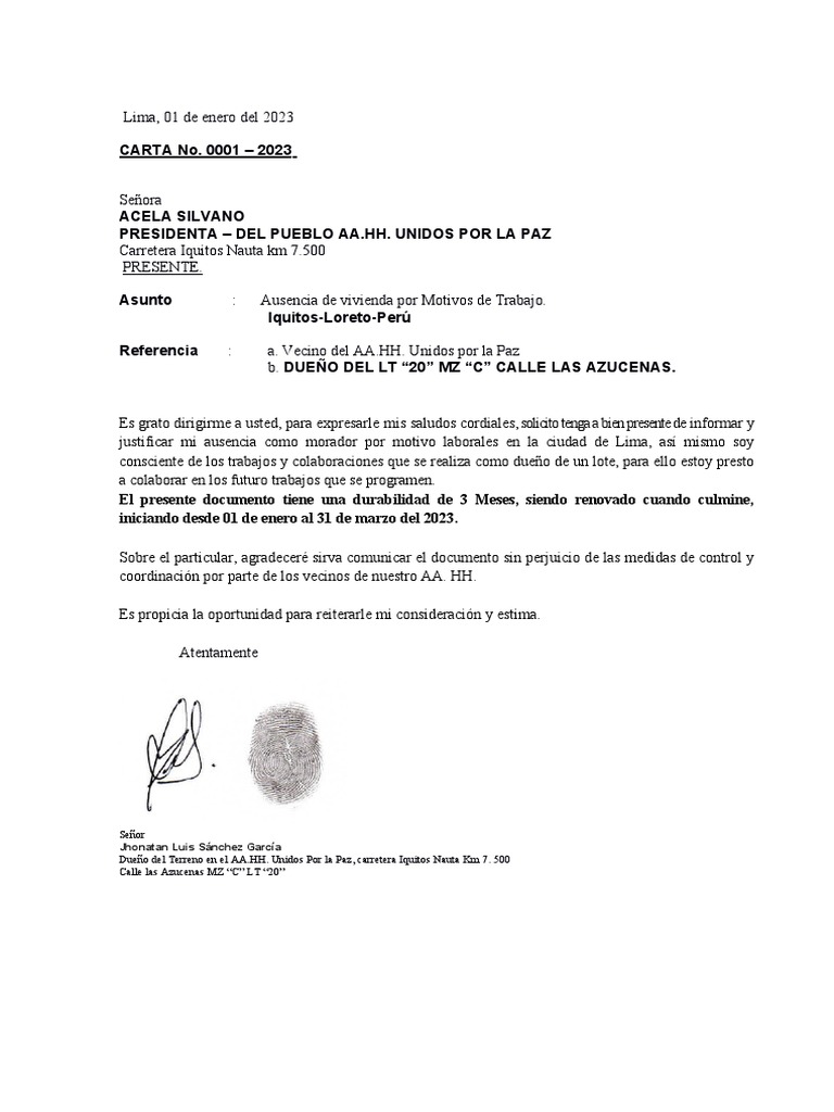 Modelo de Carta de Ausencia Por Motivos de Trabajos. | PDF