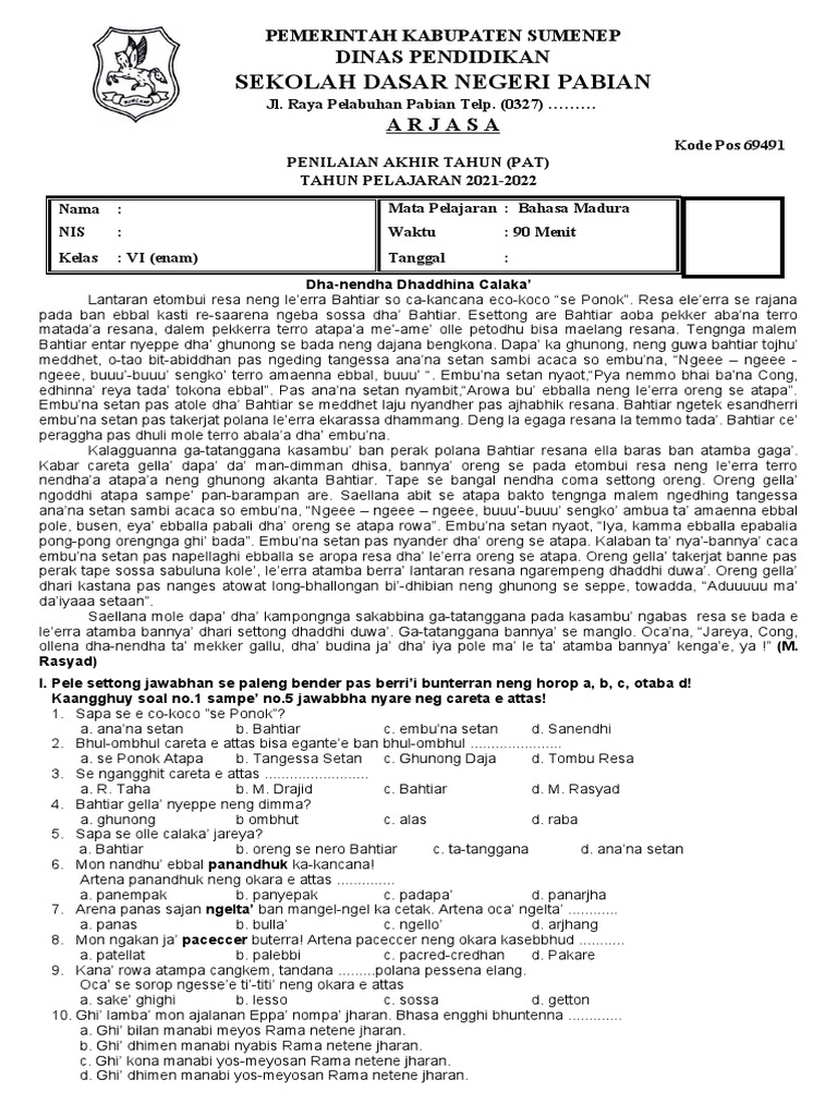 Soal Pat B. Madura KLS 6 | PDF | Agama & Spiritualitas