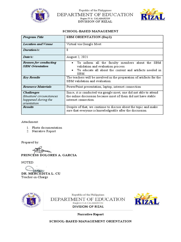 Narrative SBM Orientation Day1 | PDF | Learning | Curriculum