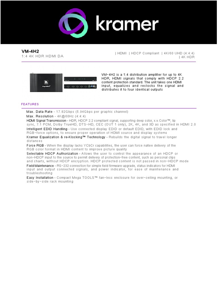 KRAMER DA VM-4H2 Datasheet | PDF