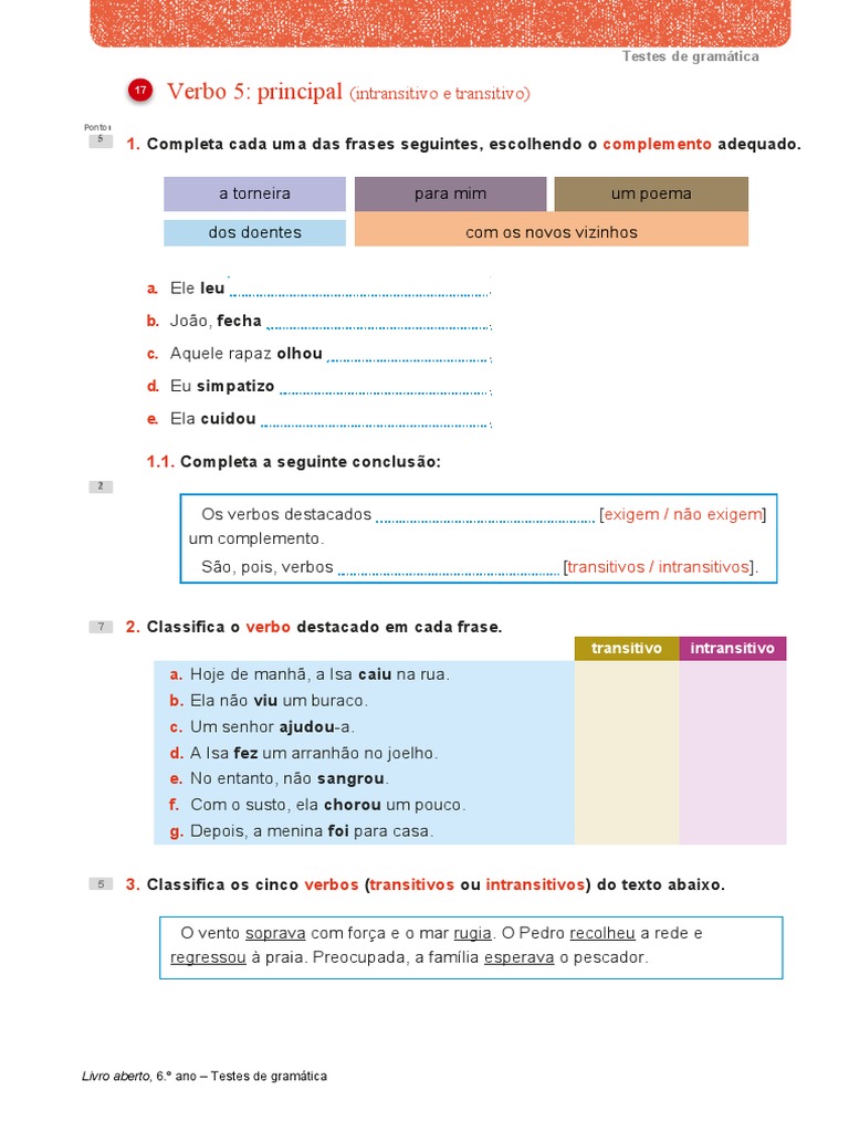 Testes De Gramática Verbos Transitivos E Intransitivos Pdf