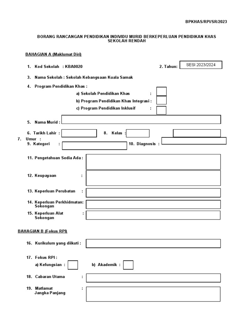 Borang RPI Sekolah Rendah | PDF