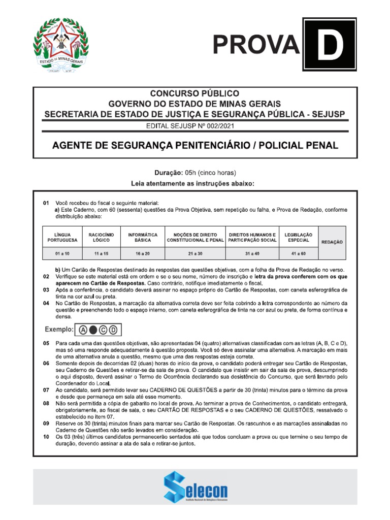 Prova D AGENTE DE SEGURANCA PENITENCIARIO - POLICIAL PENAL | PDF