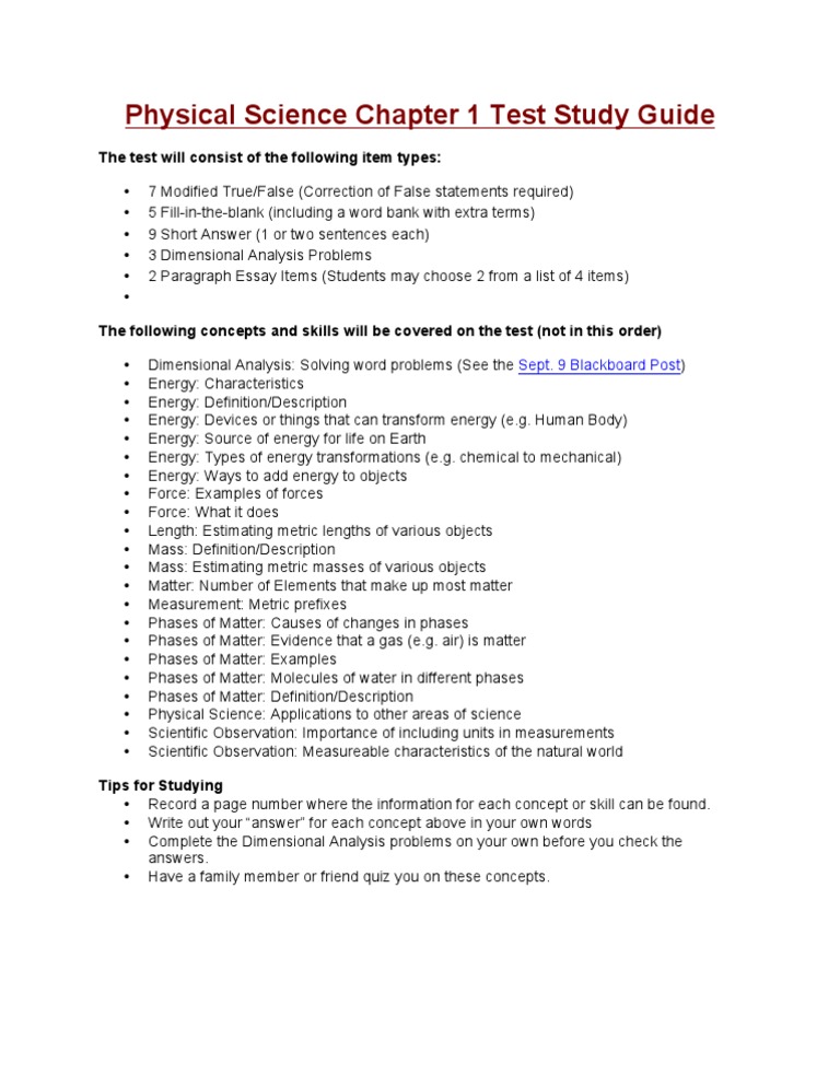 Physical Science Chapter 1 Test Study Guide | PDF