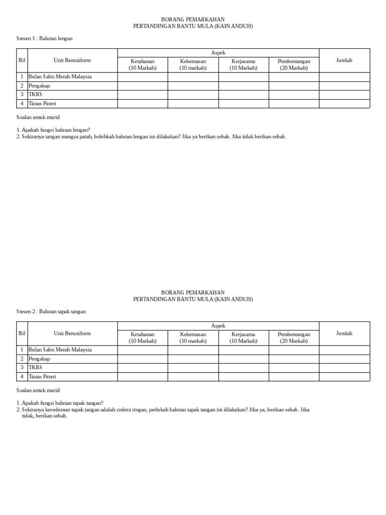 Borang Markah Bantu Mula 2023 | PDF