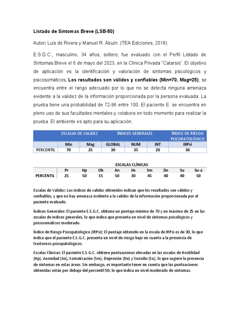 LSB-50 Interpretación | PDF | Trastorno depresivo mayor | Ciencias del ...