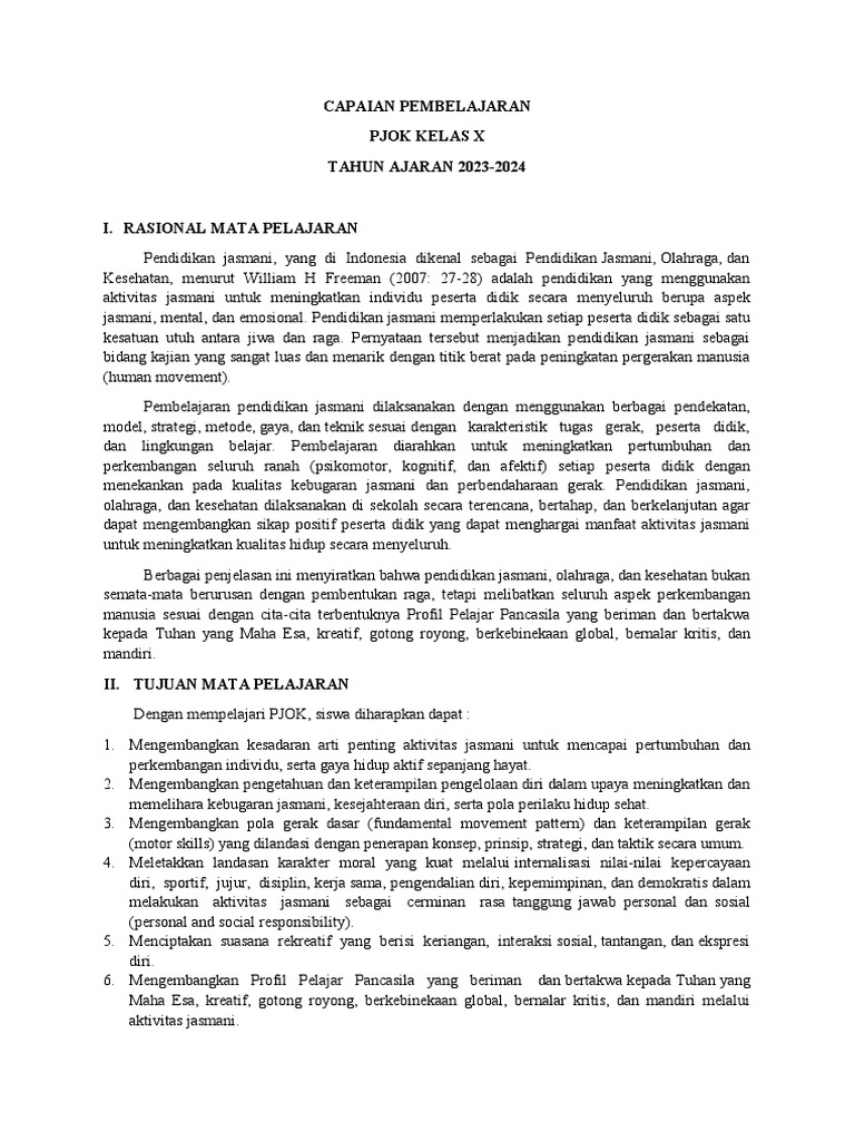 Capaian Pembelajaran Pjok X | PDF