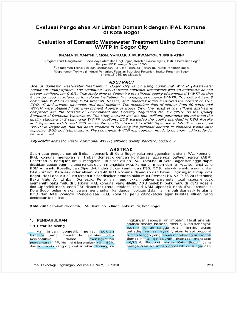 View of Evaluasi Pengolahan Air Limbah Domestik Dengan IPAL Komunal Di Kota Bogor | PDF