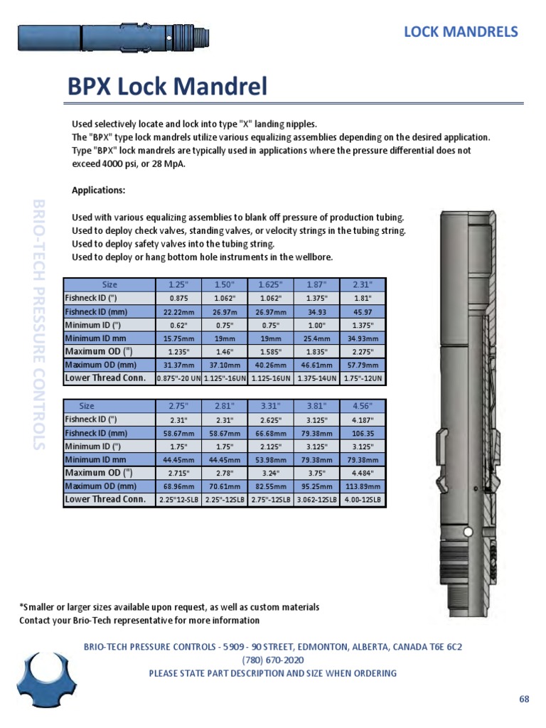 BPX Lock Mandrel Brio Tech Catalog Revised 1.01 S 62 | PDF