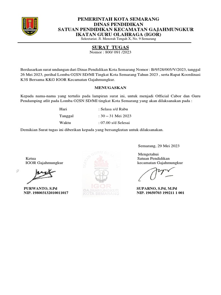 SURAT TUGAS Official & Pendamping O2SN 2023 - Gajahmungkur | PDF