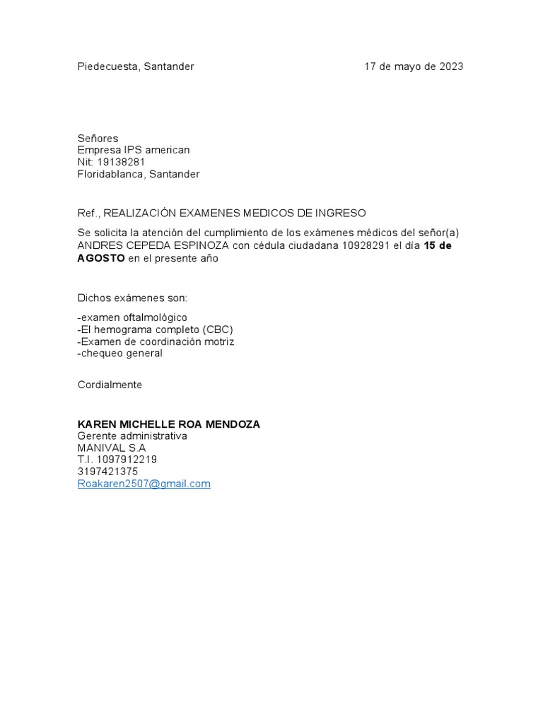 Carta A I.P.S Solicitando Realizar Examenes Medicos de Ingreso | PDF