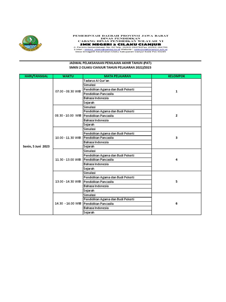 Jadwal Pat Kelas X | PDF