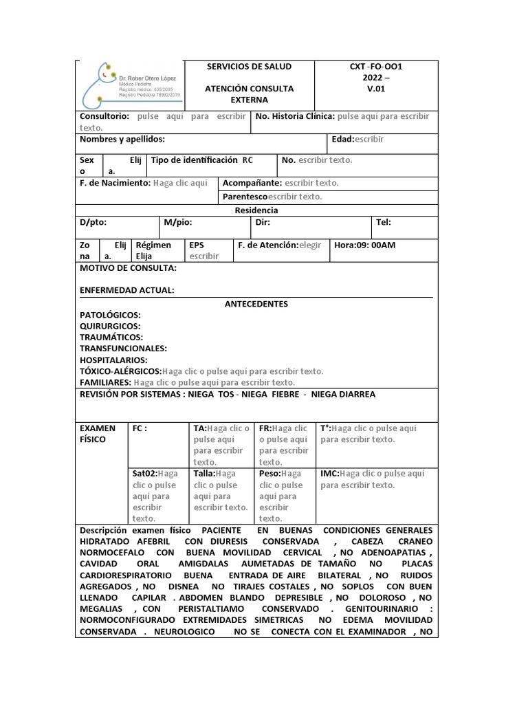 Formato HC en Blanco | PDF | Examen físico | Enfermedades y trastornos humanos