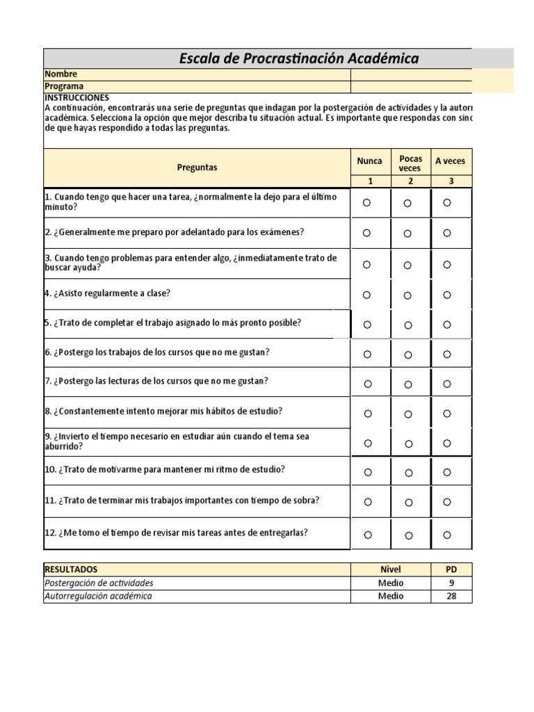 Escala de Procrastinación Académica: Nombre Programa Instrucciones | PDF
