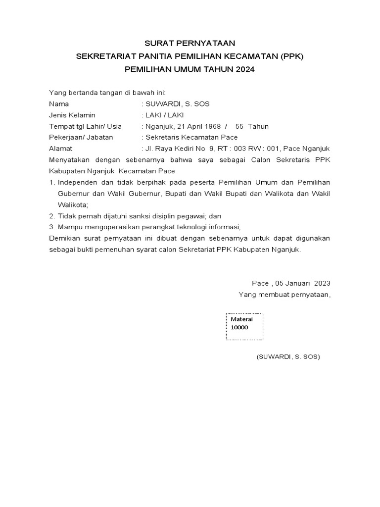 Surat Pernyataan Untuk Sekretariat PPK | PDF
